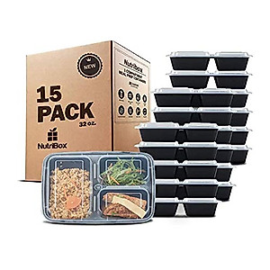 Nutribox [15 pack] 32oz 3 Compartment Meal Prep Containers with Lids - Bento Box - Durable Plastic Reusable Food Storage Containers - Stackable, Reusable, Microwaveable & Dishwasher Safe