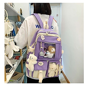 DACHAIHU Kawaii Backpack 5Pcs Set Aesthetic School Bags 17in Cute Bookbag with Badge&Pendant,Shoulder Bag,Pencil Box,Tote Bag,Small Bag Purple