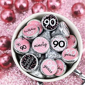 Pink, Black, and White 90th Birthday Party Favor Chocolate Kisses Candy Stickers - 180 Count, 90th Birthday Decorations for Women