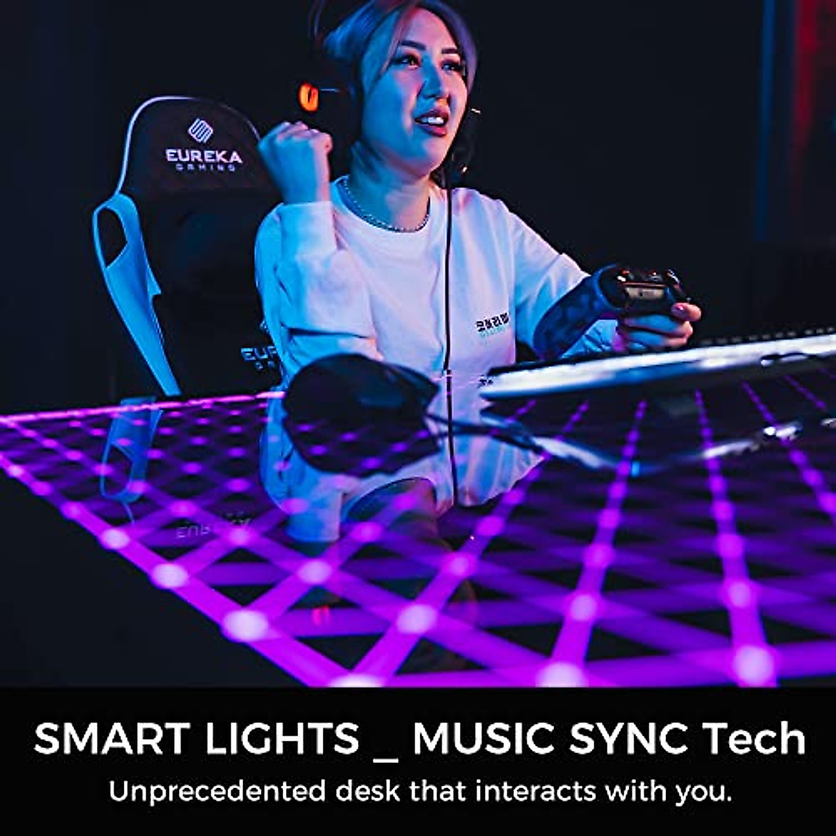 EUREKA ERGONOMIC Music Sensing RGB LED Lights Glass Gaming Desk, 60 Inch L Shaped Reversible Top, Home Office Corner Computer Studio Table Gifts GTG L60 w Cup Headset Socket Holder, Smart APP Control