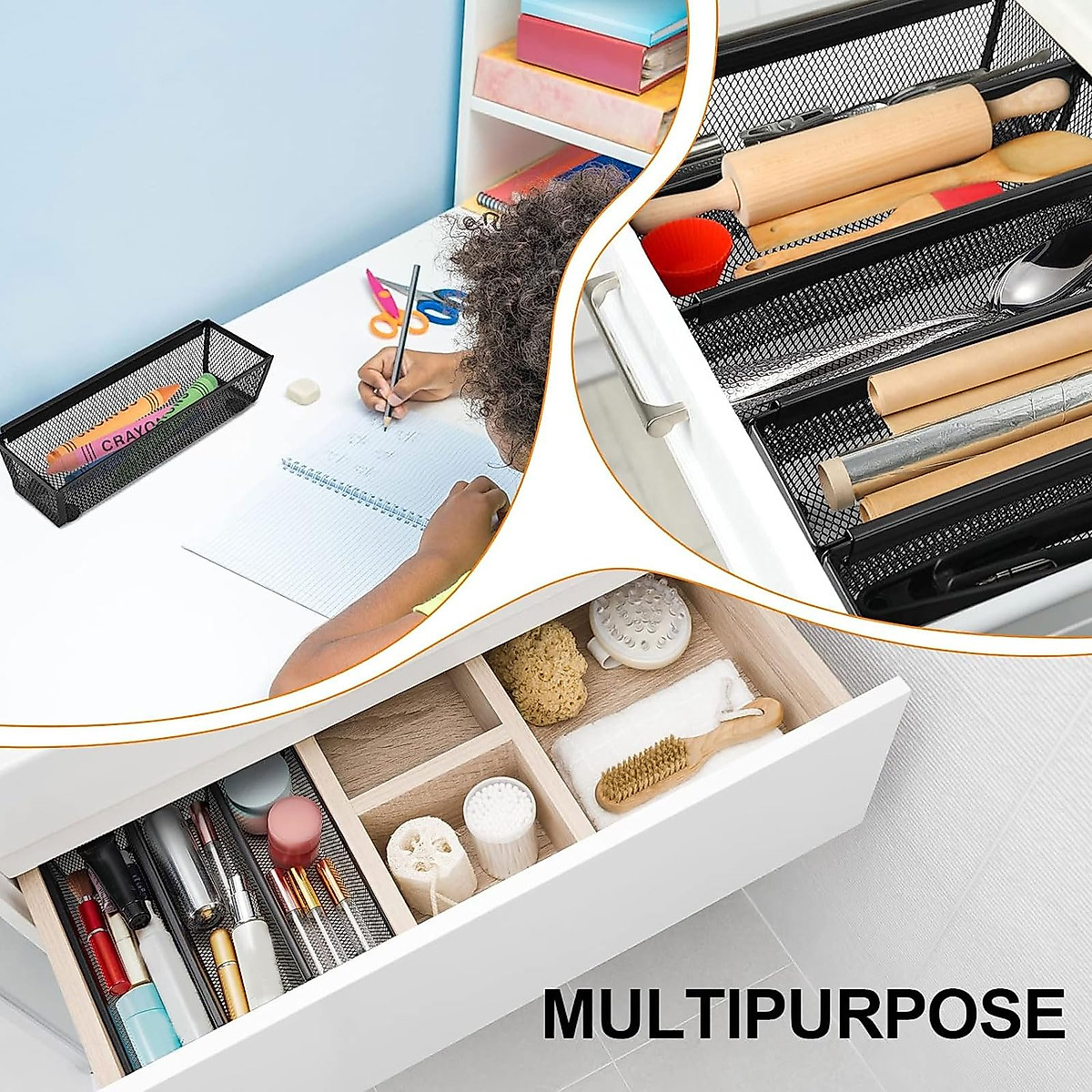 10 Pcs Drawer Organizer Silverware Drawer Organizer Mesh Utensil Drawer Organizer for Kitchen Drawer Silverware Tray with Interlocking Arm for Flatware Fork Spoon Knife Makeup, 9 x 3 x 2 Inch, Black