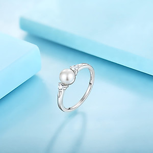 JO WISDOM Pearl Ring,925 Sterling Silver Cubic Zirconia Women's Rings with 7mm White Freshwater Cultured Pearl Ring size 8