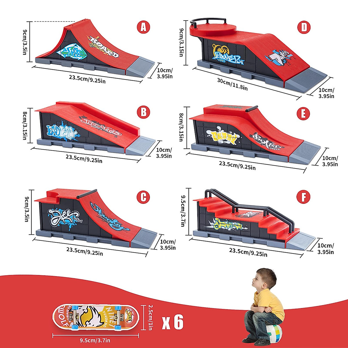 Gr8ware Skateboard Ramp 6-in-1, Fingerboard Half Pipe Ramp, Mini Skateboards for Fingers, Finger Skateboards Kit for Fingerboards Training Props Interactive Freestyle Skate Game for Kids Adults