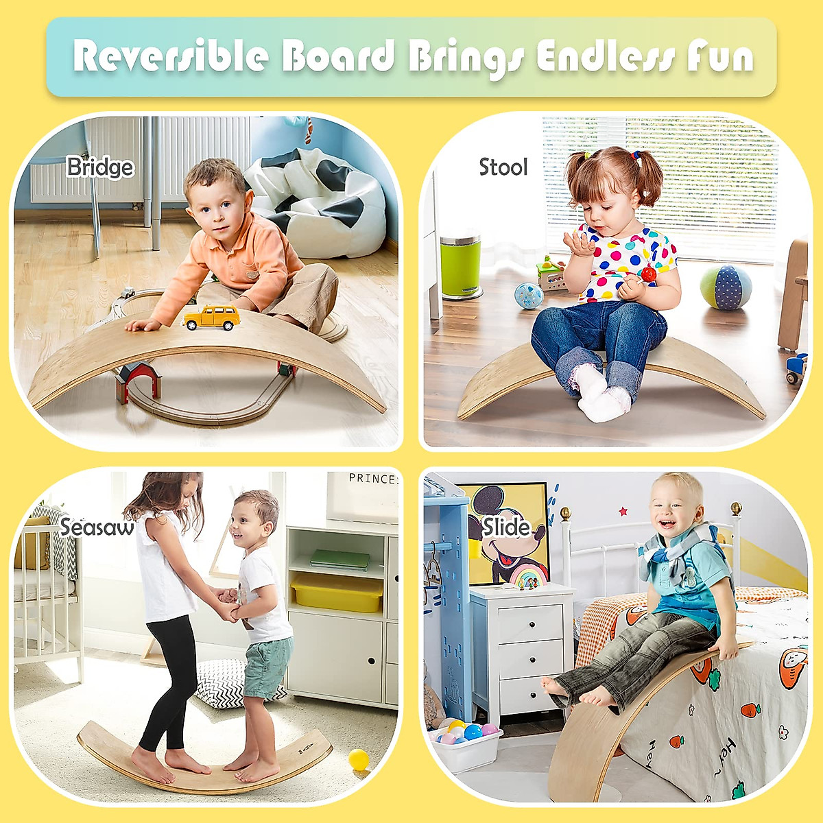 Goplus Wobble Board, 35Inch Wooden Balance Board for Kids & Adults Support 660LBS, Toddler Open-Ended Learning Toy Yoga Curvy Rocker Board for Balance Training, Home Exercise (15.5 INCH Width)