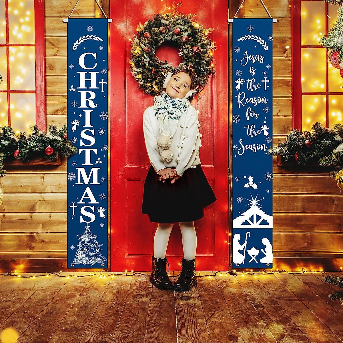 BBTO Pcs Christmas Nativity Scene Porch Sign Jesus Is The Reason for Season Banner Religious Holy Door Xmas Hanging Decorations Home Front 1BBTO x 7BBTO Inch, blue, white