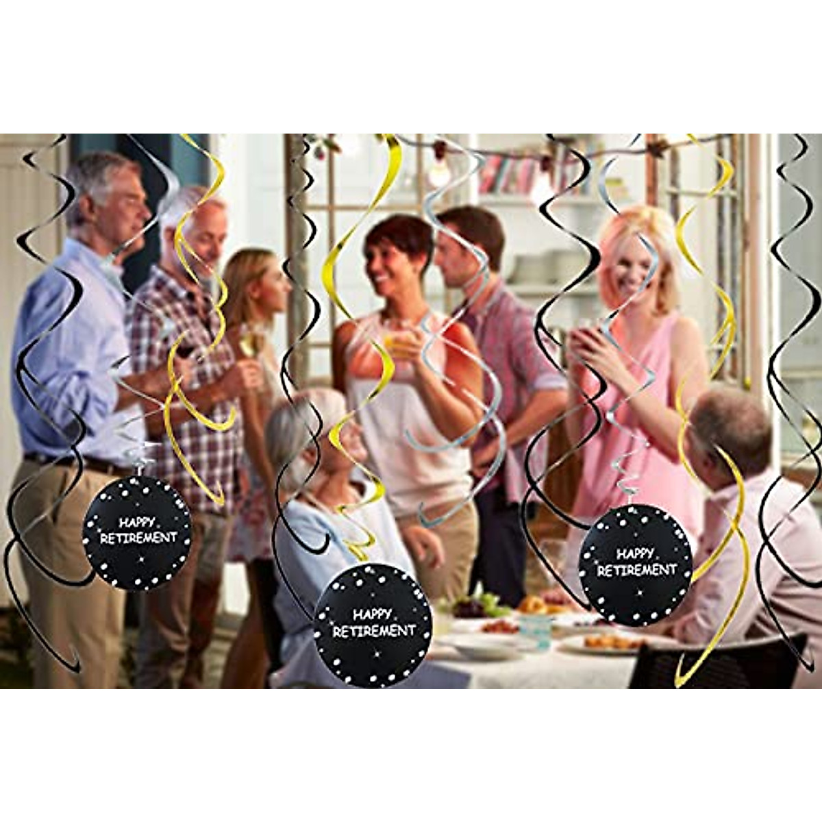 Retirement Party Decorations for Men Women Black Gold Happy Retirement Banner Hanging Swirls Kit for Retirement Party Decor Supplies
