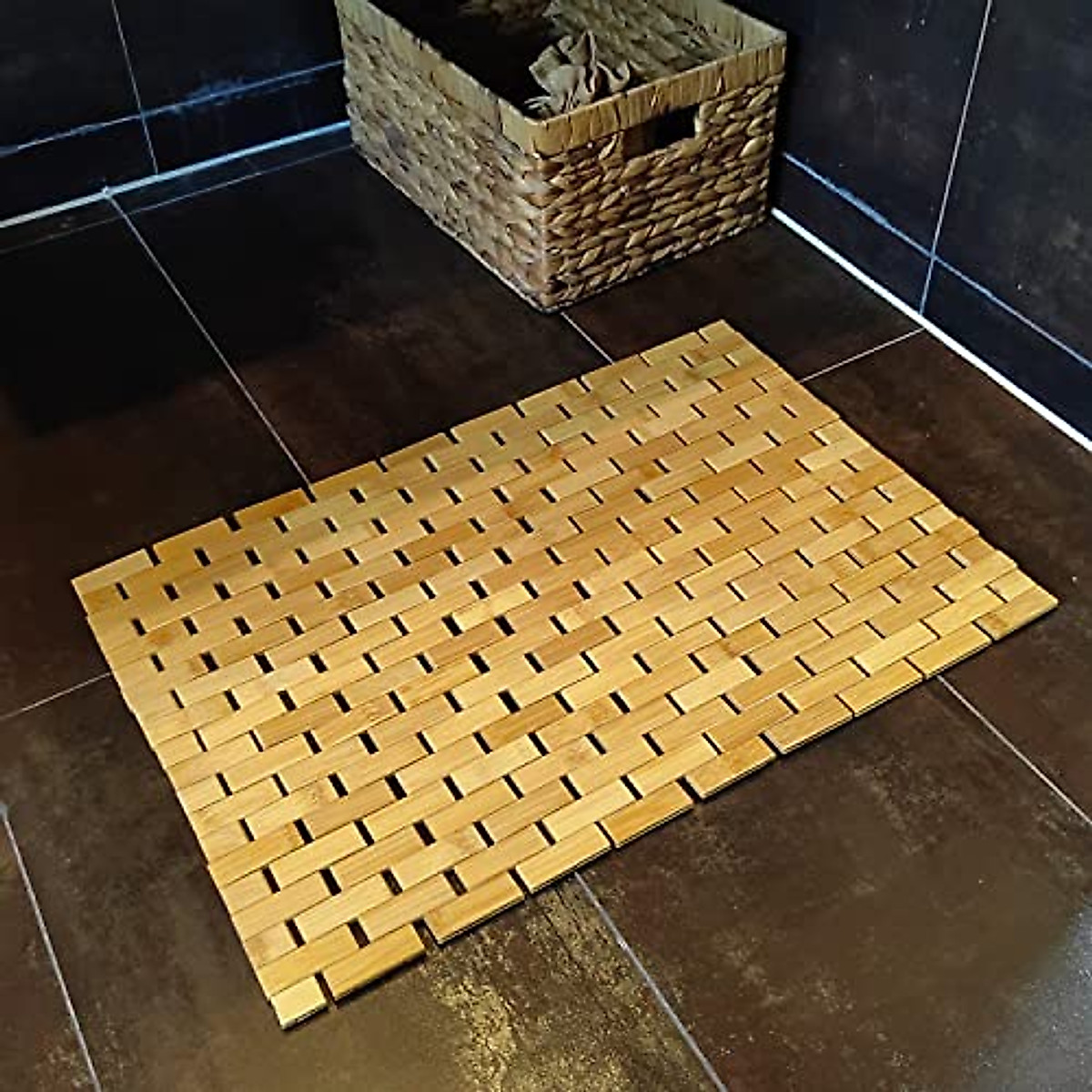 HJJKKH Bamboo Bath Mat with 15.7X23.6 inch,Nature Bamboo Bathroom Mat,Roll-Up and Foldable Bamboo Shower Mat,Non Slip Shower Tub Mat for Bathtub, Shower,Sauna,Hot Tub