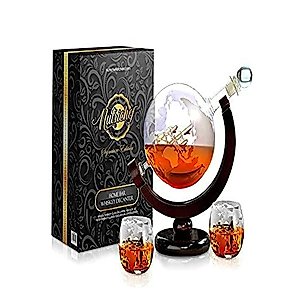 NutriChef Glass Whiskey Decanter - 850ml Globe Whiskey Carafe Alcohol Decanter Set with Glasses , Liquor Decanter w/ Stopper & Base, For Brandy Wine Cognac Rum Gin Scotch Bourbon