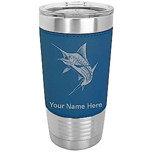 LaserGram 20oz Vacuum Insulated Tumbler Mug, Marlin Fish, Personalized Engraving Included (Faux Leather, Blue)