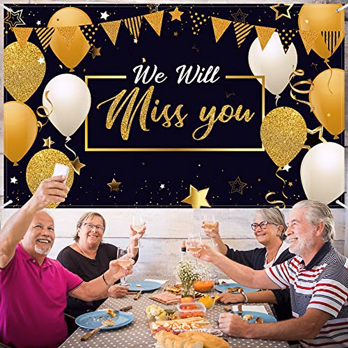 We Will Miss You Party Decorations, Extra Large Going Away Party Backdrop Miss You Photography Background Banner for Farewell Anniversary Retirement Graduation Party, 72.8 x 43.3 Inch (Black, Gold)