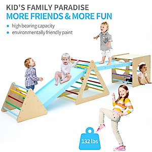 Set of 5 Wooden Triangle Climbing Toys Indoor for Toddler, 1 Square and 2 Triangle Climber with 2 Ramp for Climbing Sliding and Walking, 5 in 1 Toddler Play Equipment for Indoor Playground Play Gym