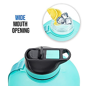 ez-FiT 1 Gallon & Half Gallon Bottles with Straw Time Marker & Motivational Water Bottle with Cleaning Brush Leakproof Reusable Gym Sports Outdoor (1 Gallon/128oz, Aquamarine/Deep SkyBlue Gradient)