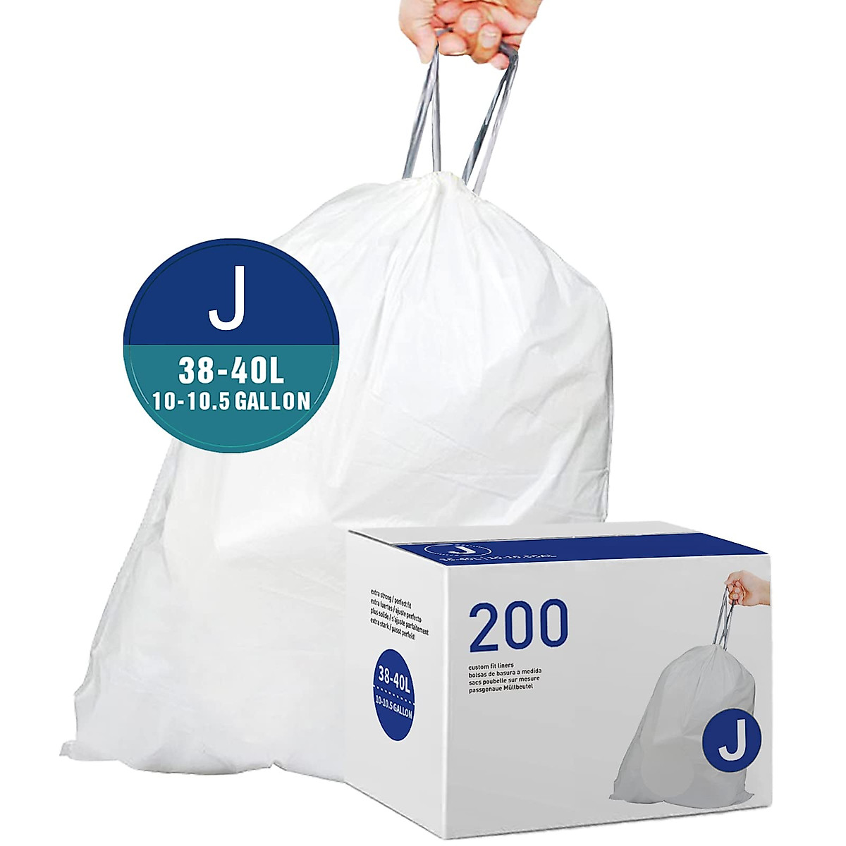 Code J 200 Count Drawstring Trash Bags Compatible with Code J | 1.2 Mil | White Garbage Can Liners 10-10.5 Gallon / 38-40 Liter Heavy Duty Plastic Trash Bags
