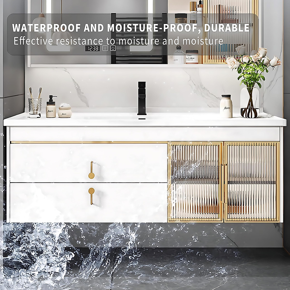 ZGNBSD Floating Bathroom Vanity with Sink - Modern Bathroom Vanity Contains Smart LED Defog Mirror | Solid Wood Freestanding Bathroom Vanity (White, 24'')