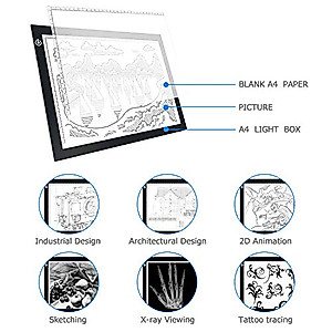 Black A4 Dimmable LED Artcraft Light Box Tracer Slim Light Pad Portable Tablet, USB Power Cable Copy Drawing Board Tracing Table for Artists Designing, Animation, Sketching, Stenciling X-ray Viewing
