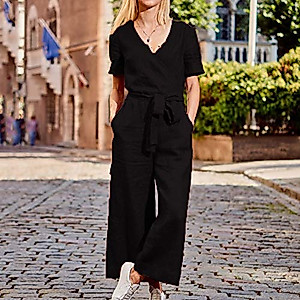 Bravetoshop Womens V Neck Wrap Short Sleeve Jumpsuits Casual Solid Color Belted Wide Leg Jumpsuit Romper with Pockets (Black,M)