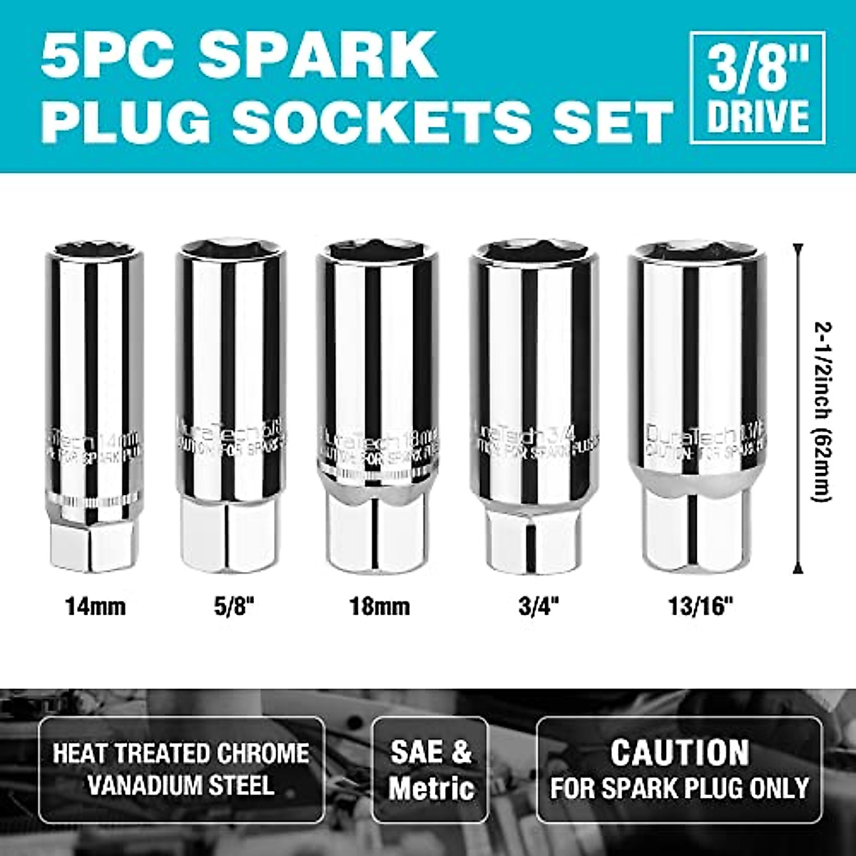 DURATECH 3/8-inch Drive Spark Plug Socket Set, SAE & Metric, 5/8-inch, 3/4-inch, 13/16-inch, 14mm, 18mm, Heat Treated CR-V Steel Sockets with Rubber Retaining Rings, 5-Piece Set