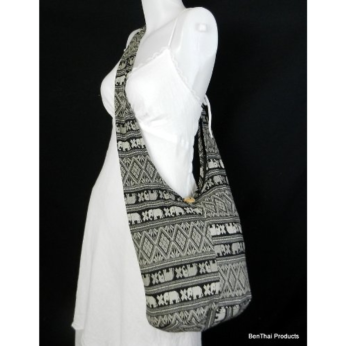 BTP! Ethnic Elephant Sling Crossbody Shoulder Bag Purse Hippie Hobo Thai Cotton Gypsy Bohemian Small (black)