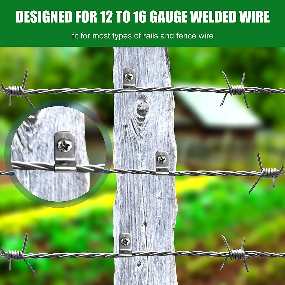 100 Pcs Fence Wire Clamps Livestock Fencing Clips Agricultural Fencing Stainless Steel Wire Clips for Mounting 12-16 Gauge Welded Wire to Wood, Metal or Vinyl