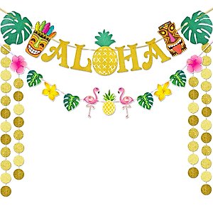 WERNNSAI Hawaiian Aloha Party Banner Decorations - Flamingo Pineapple Tiki Tropical Luau Party Supplies Favors Large Gold Glittery Aloha Sign Flag for Birthday Wedding Summer Beach Pool