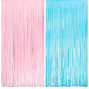 Pink and Blue Party Photo Backdrop - GREATRIL Foil Fringe Tinsel Streamers for Boy or Girl/Pastel/Easter/Birthdays Party Decoration - 3.2ft X 8.2ft - 2 Packs