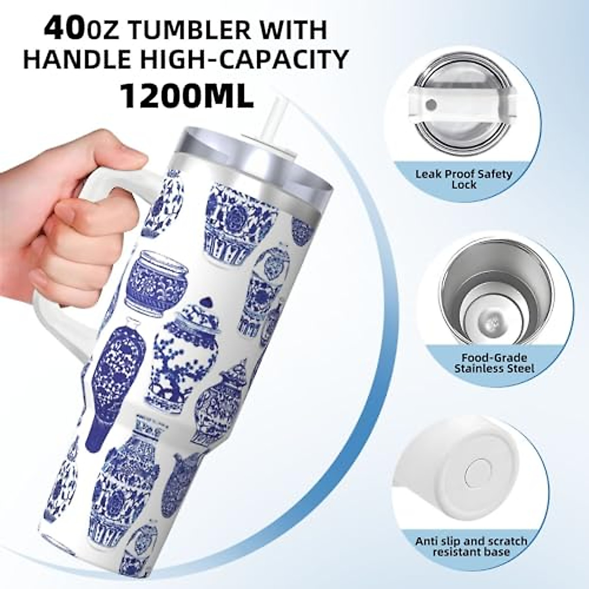 Xiexide 40oz Fits Cup Holder Sports Blue And White Porcelain Chinese Style Chinoiserie Antique Double Walled Vacuum Insulatedith Handle And Straw,Hot & Cold Drinks