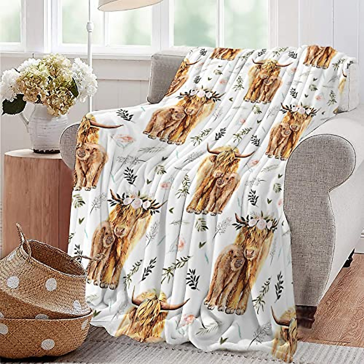Highland Cow Print Blanket and Throws Cute Farm Animal Cow Gifts Throw Blankets Soft Cozy Fleece Plush Warm Flannel Bedding Blanket for Girls Kids Adults Couch Travel 40x50inch