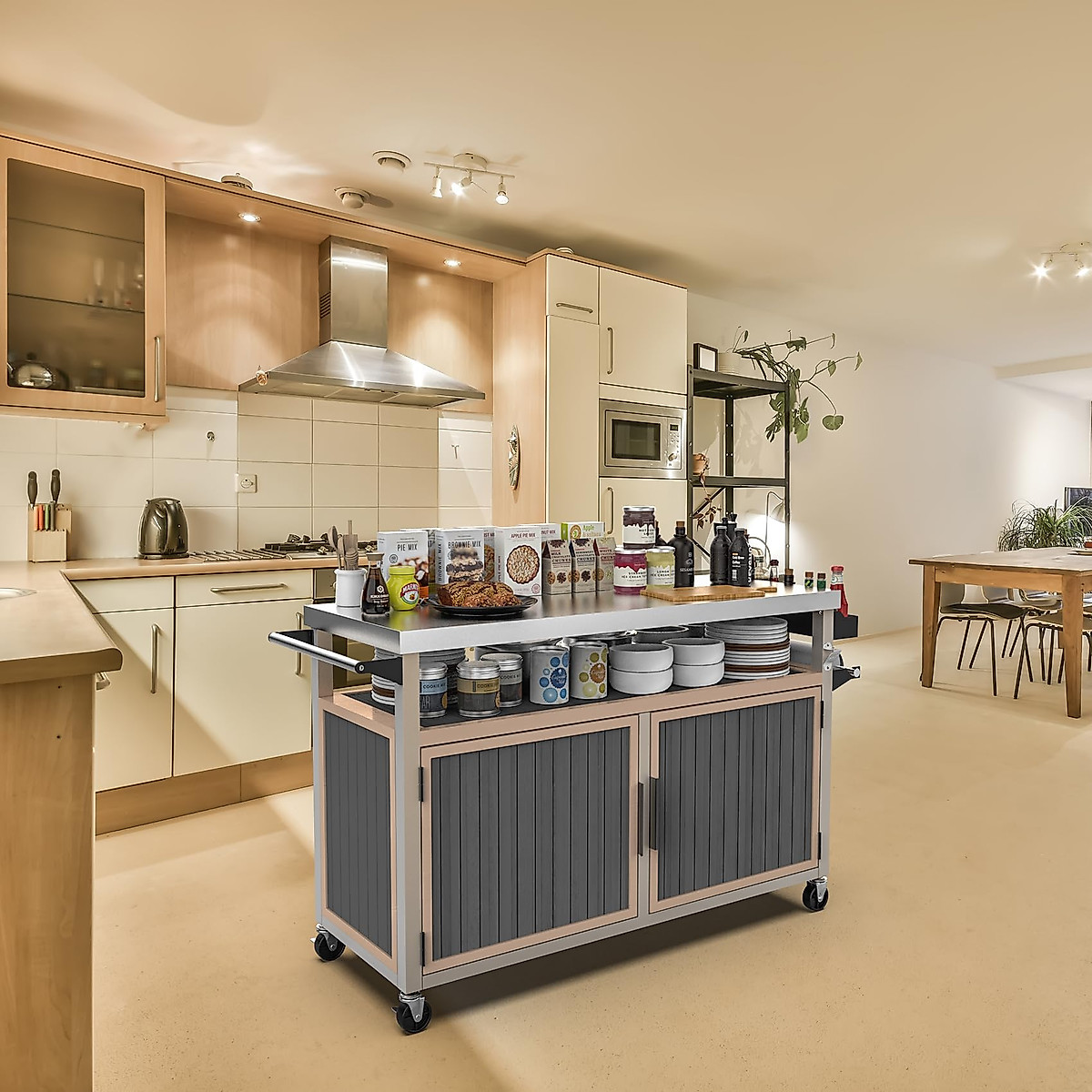 Skyflame Outdoor BBQ Storage Cabinet with Wheels, XL Stainless Steel Tabletop Grill Cart for Food Prep, Portable Kitchen Island Grilling Accessory for Patio, Backyard, Home Party, Bar