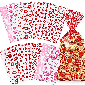 Valentines Day Candy Goody Bags, Valentine Goodie Bags for Kids, 133 Pcs - Valentines Cellophane Treat Bags, Clear Goodie Bags With Ties, Cellophane Cookie Bags, Valentines Day Gift Bags, 7 Designs