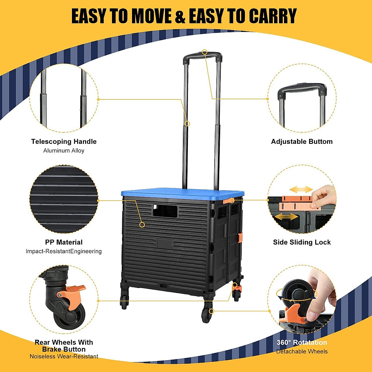 Foldable Utility Cart Folding Portable Rolling Crate Handcart Handcart Shopping Trolley Wheel Box with Lid,360°Rotate Wheels,Heavy Duty Durable Dolly Cart for Teacher Tourist Shopping Office Outdoor