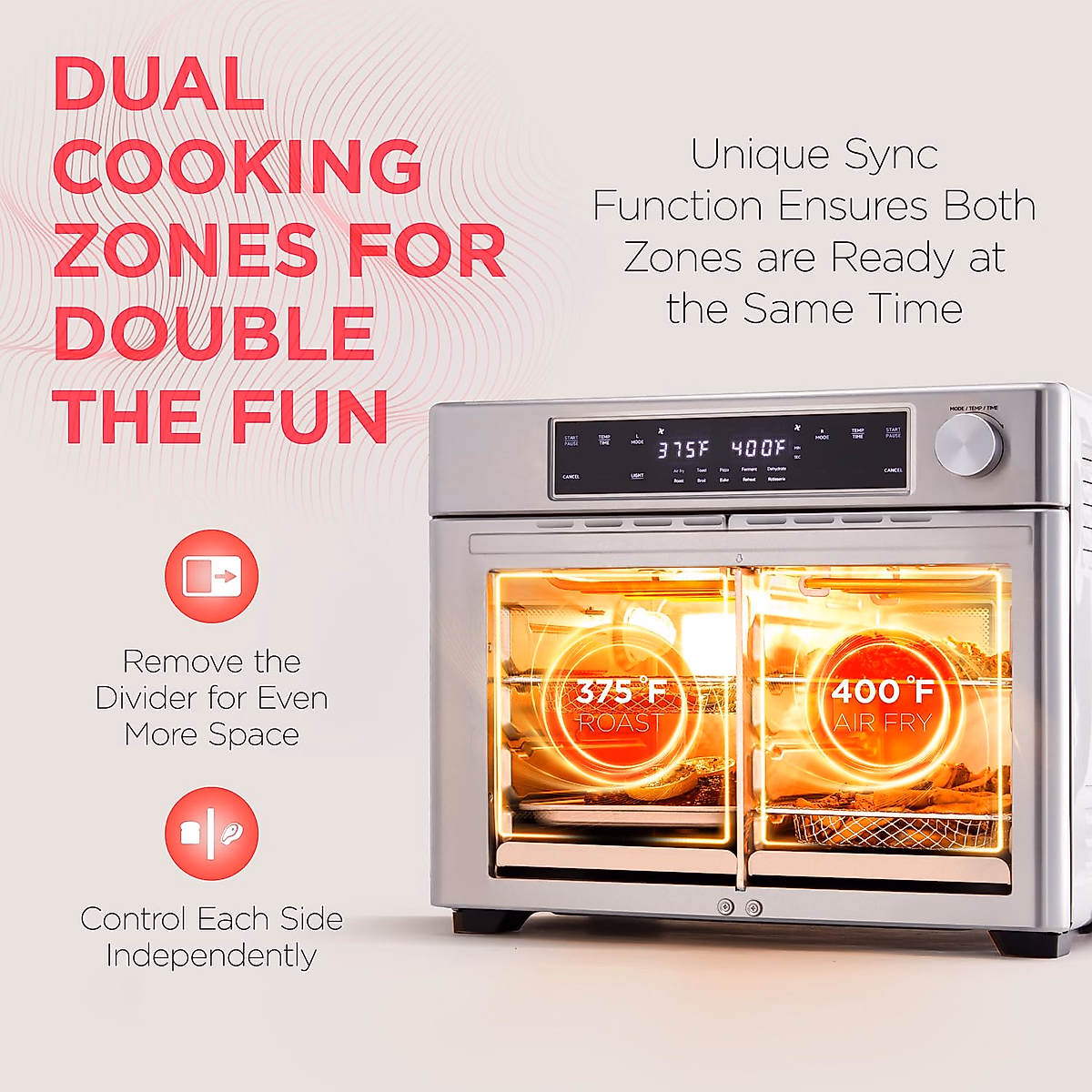 Dual Zone Air Fryer French Door Oven - 32 Qt Convection Toaster Combo - 10-in-1 Multifunction Up to 450° - 1800W - Temperature Control, Timer - Stainless Steel – Dehydrate, Broil, Bake, Roast, Ferment