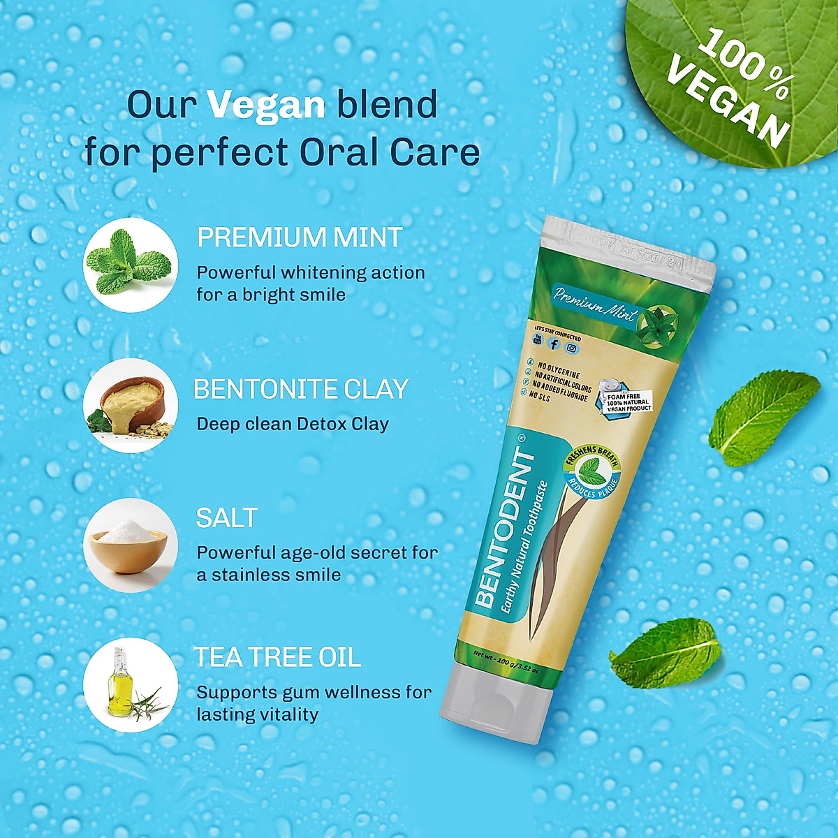 Bentodent Remineralizing Fluoride Free Toothpaste, Organic & Natural with Calcium Bentonite Clay, SLS Free, Whitening for Sensitive Teeth, Vegan (Premium Mint Combo)