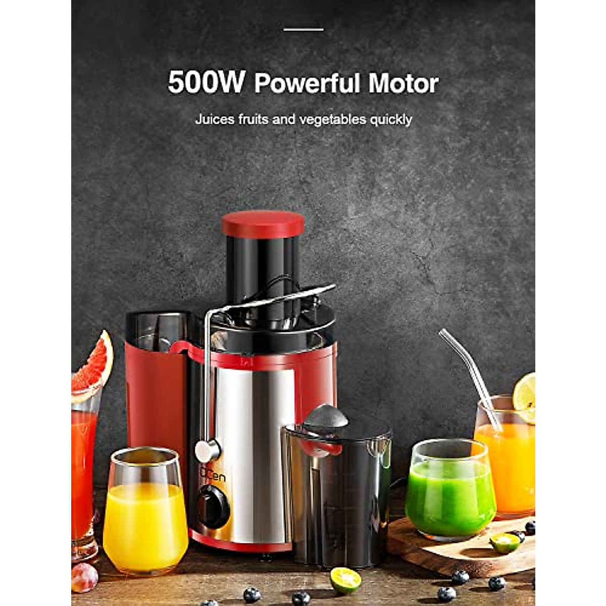 Juicer Machine, 500W Centrifugal Juicer Extractor with Wide Mouth 3” Feed Chute for Fruit Vegetable, Easy to Clean, Stainless Steel, BPA-free (Red)