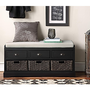 SOFTSEA Wood Storage Bench with Cushion, 3 Drawers and 3 Rattan Baskets for Entryway, Hallway, Living Room (Black)