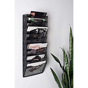 Klickpick Office 10 Sections Hanging Files Wall Mounted Metal Mesh Document File Organizer Magazine Holder Rack Organizer Racks Multipurpose Use to Display Files, Magazine, Newspapers- Black