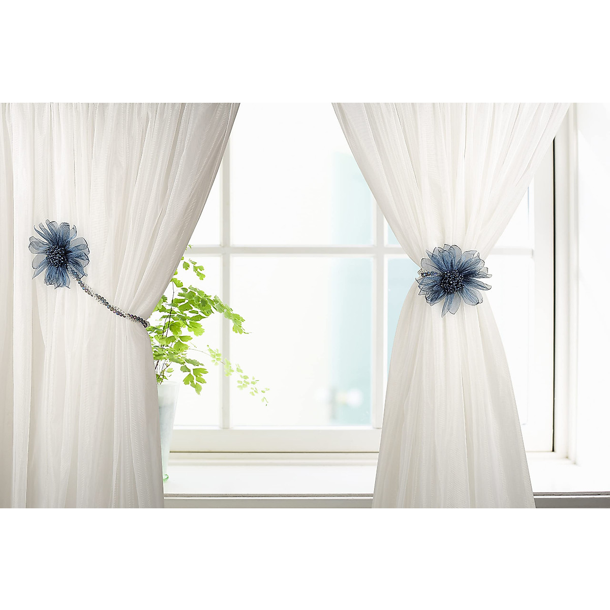 SUQ I OME 2 Pack of Handmade Crystal Pearl Beaded Magnetic Flower Curtain Tieback Holdback for Drapes