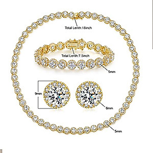 18K Gold Plated Cubic Zirconia Tennis Necklace/Bracelet/Earrings Sets for Women Men Halo Jewelry Pack of 3