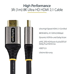 StarTech.com 3ft (1m) HDMI 2.1 Cable 8K - Certified Ultra High Speed HDMI Cable 48Gbps - 8K 60Hz/4K 120Hz HDR10+ eARC - Ultra HD 8K HDMI Cable - Monitor/TV/Display - Flexible TPE Jacket (HDMM21V1M)