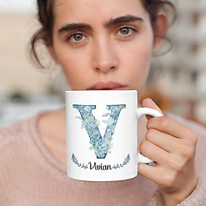 Personalized Letter V With Blue Floral Coffee Mugs, Customized Name Floral Alphabet Mugs, Coffee Cups Monogram, Letter Alphabet Initial Name Gifts, Custom Coffee Mugs For Women, Sister
