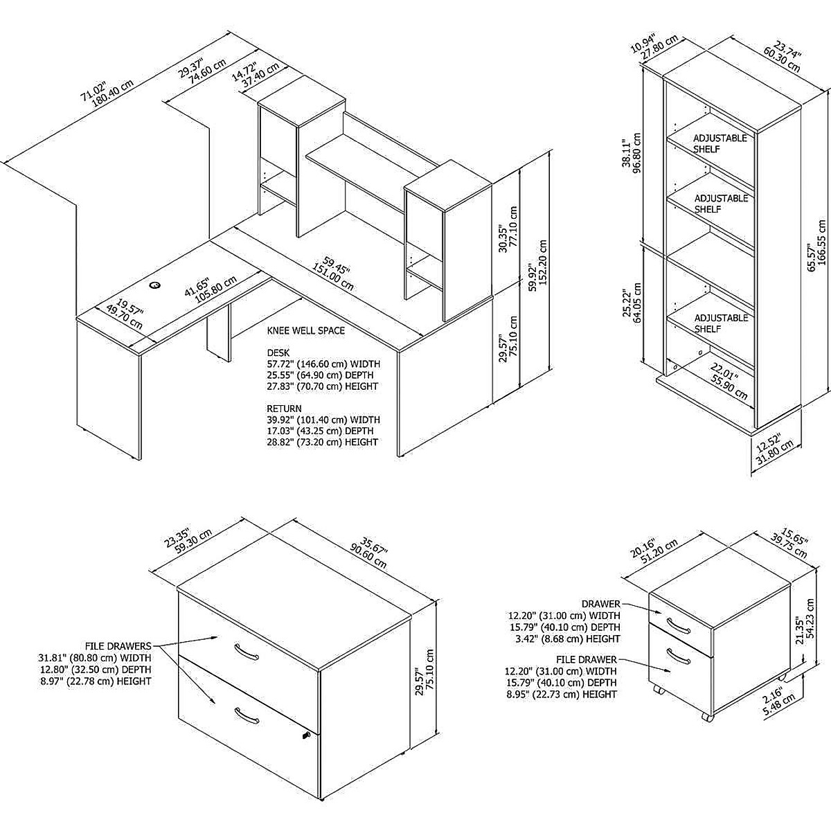 Bush Furniture Commerce 60W L Shaped Desk with Hutch, File Cabinets and Bookcase in Autumn Cherry
