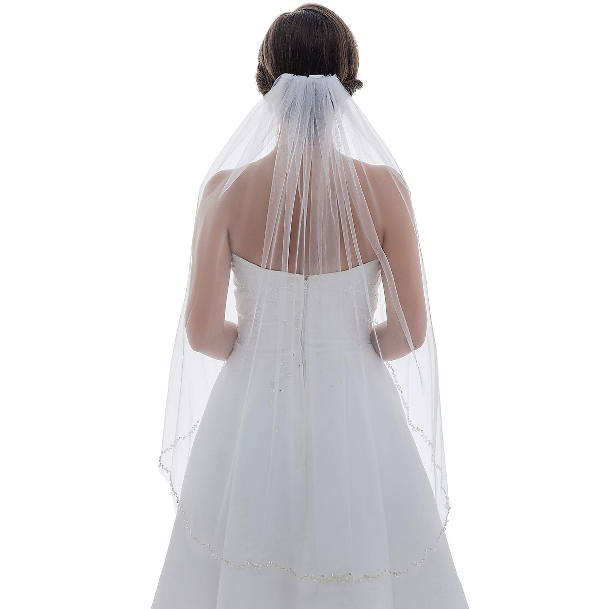 SAMKY 1T 1 Tier Offset Flower Vine Edge Crystal Pearl Veil - Light Ivory Fingertip Length 36" V503