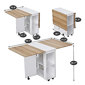 VANSPACE Folding Dining Table Drop Leaf Kitchen Table for Small Spaces with 2 Tier Storage Racks Multifunction Space Saving Table Extension Dinner Table Wood and White (Stools not Included)