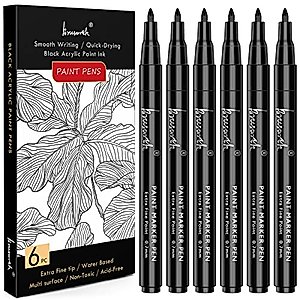 Black Acrylic Paint Pens - Black Paint Pens for Rock Painting, Stone, Ceramic, Glass, Wood, Fabric, Metal, Canvas. Set of 6 Water Based Black Markers for Acrylic Painting Extra Fine Point Tip