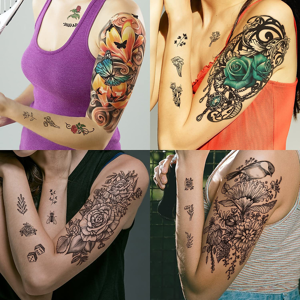SOOVSY 46 Sheets Full Arm Temporary Tattoo for Men Women with Lion Lily Daisy Peony Rose, Half Arm Temporary Tattoos for Adults with Butterfly Bird Snake, Fake Tattoos That Look Real and Last Long