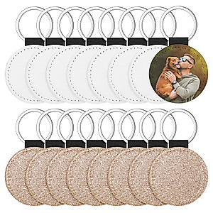 Equsion 16 Pcs Sublimation Blanks Keychain Glitter PU Leather Keychain Heat Transfer Keyring for DIY Crafts Making (Round)