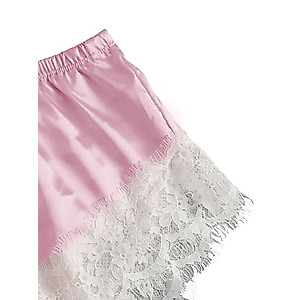 WDIRARA Women' Silk Satin Pajamas Set 4pcs Lingerie Floral Lace Cami Sleepwear with Robe Pink and White S