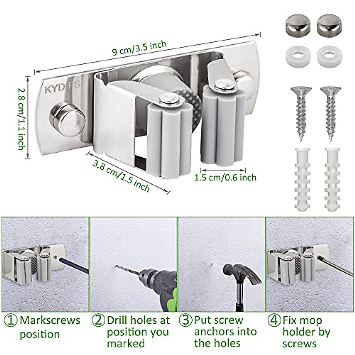 Broom and Mop Holder Wall Mount Heavy Duty Stainless Steel Broom Holder Wall Mounted Broom Organizer Home Garden Garage Storage Rack (4PCS-1Rack)