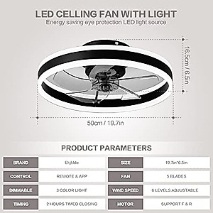 Ekjkldo Modern Ceiling Fan with Light, Low Profile Ceiling Fan with Dimmable Light and Remote,20" Flush Mount Ceiling Fan 3 Light Color 6 Speed for Bedroom Living Room Dining Room Kitchen (Black)