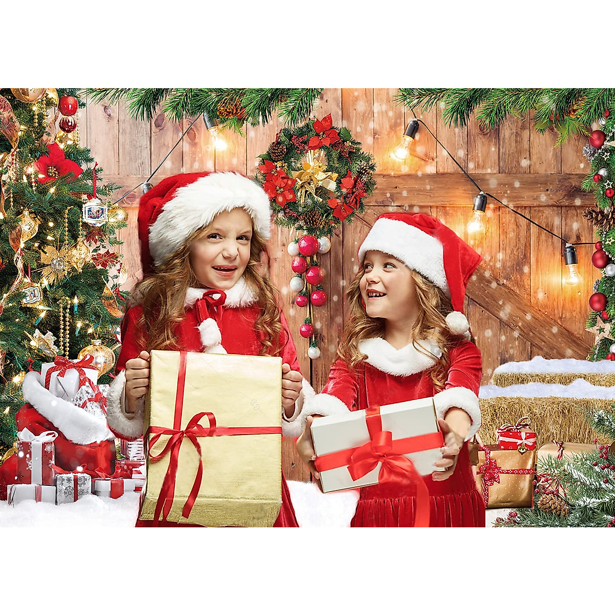 CYLYH 8x6FT Christmas Backdrop for Photography Winter Christmas Rustic Barn Wood Door Photography Backdrop Xmas Tree Snow Gifts Decor Background Banner for Family Holiday Party Supplies D554