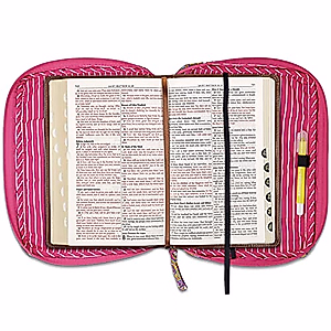 Bible Covers for Women, Quilted Bible Case Pink Floral Cotton Cloth with Handle and Pocket, Large 10x7x2.7 Inches